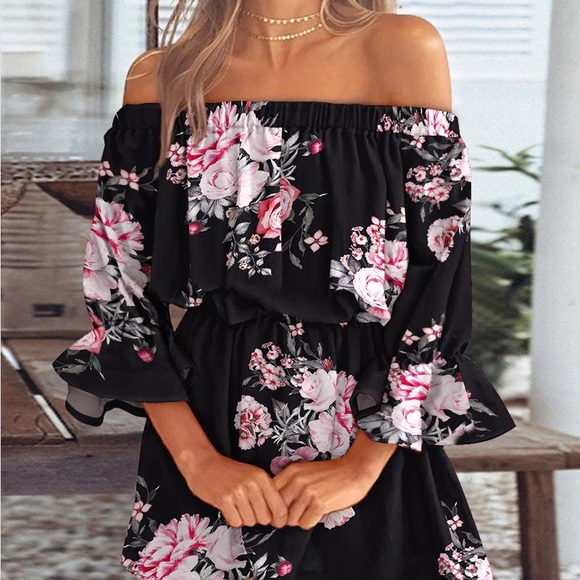 chicme | Dresses | Chicme Floral Print Off Shoulder Bell Sleeve Casual ...